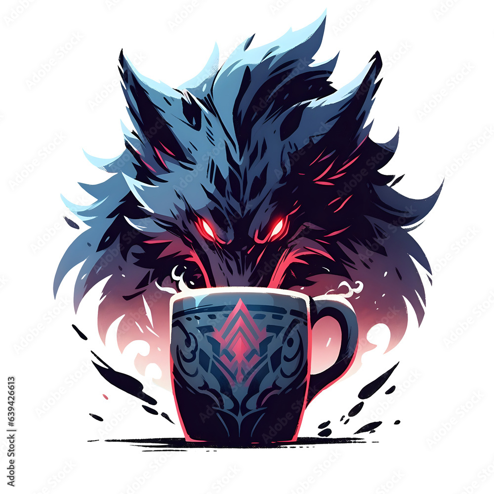 Mystical wolf with coffee cup illustration on isolated background. A ...