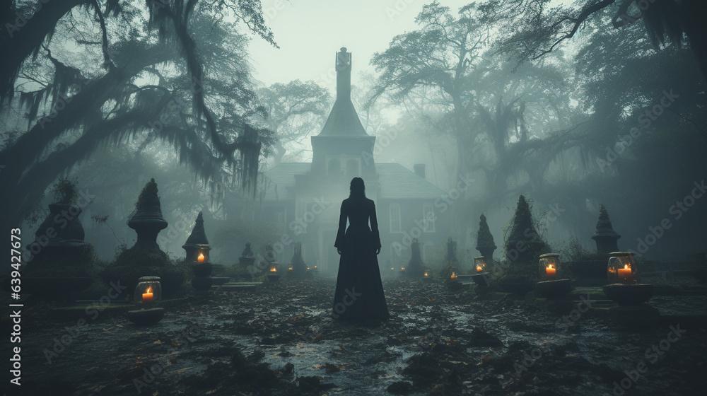 Eerie haunting ghostly female figure walking in front of a foggy ...