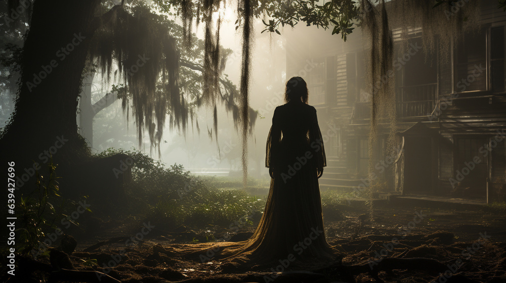 Eerie haunting ghostly female figure walking in front of a foggy ...
