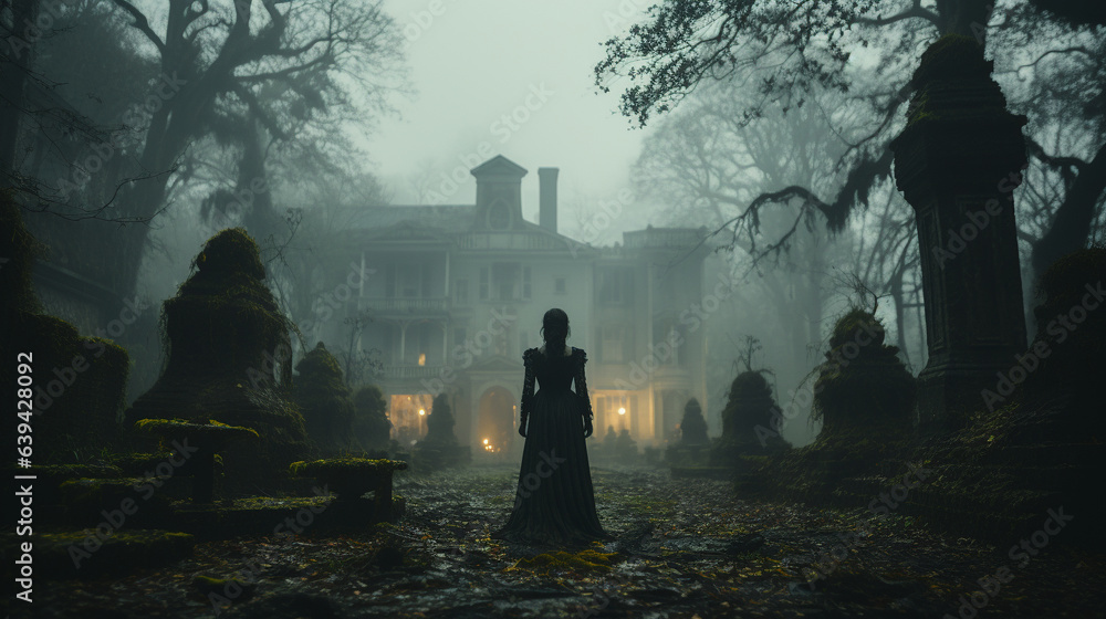 Eerie haunting ghostly female figure walking in front of a foggy ...