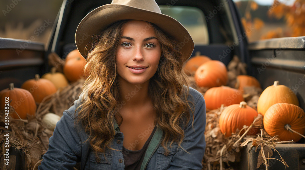 Young adult female farmer wearing cowboy hat sitting on the tailgate of ...