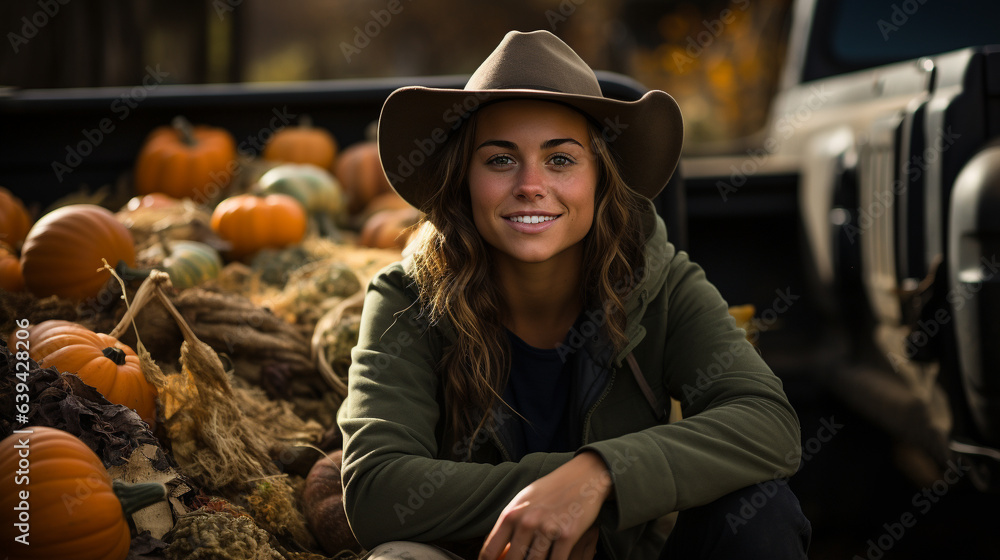 Young adult female farmer wearing cowboy hat sitting on the tailgate of ...