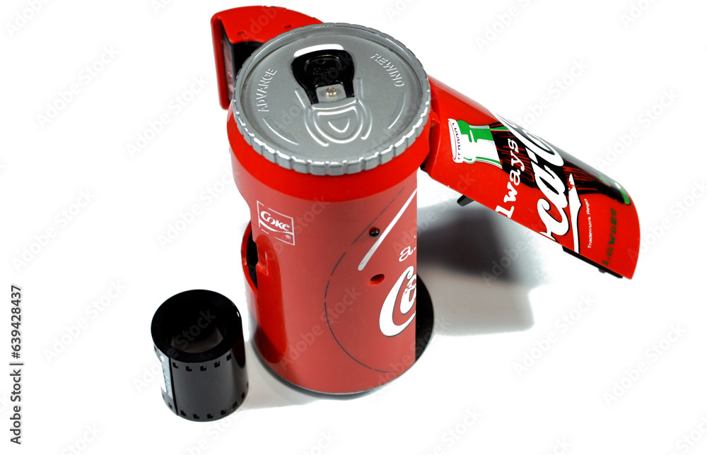 Giza, Egypt, August 19 2023: Coca-Cola reusable film camera, build in ...
