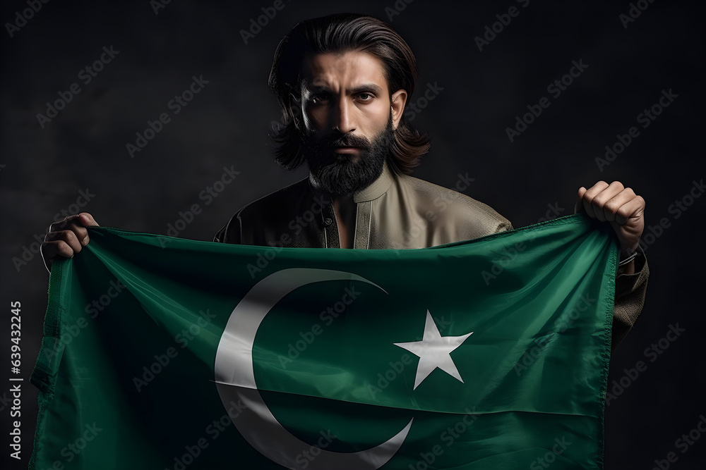 Pakistani young man hand holding pakistan flag on studio background ...