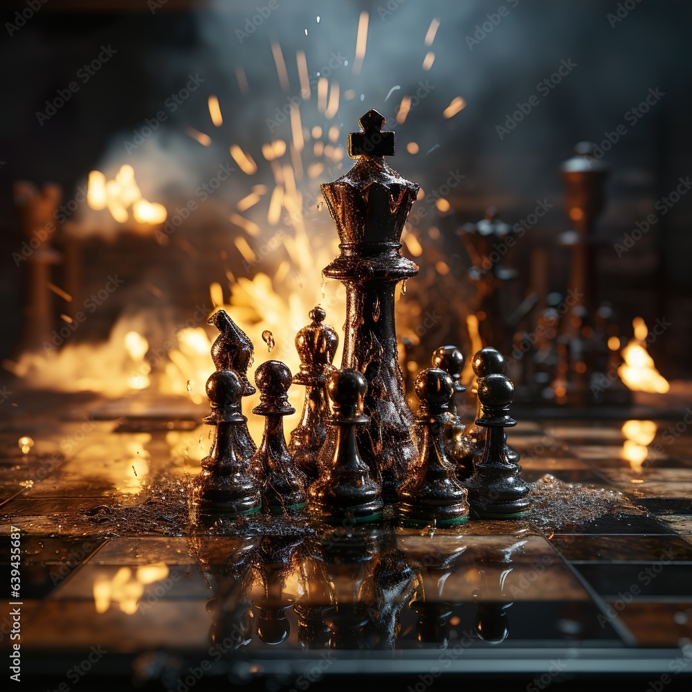 a chess game with a burning king and a knight, a chess piece is ...