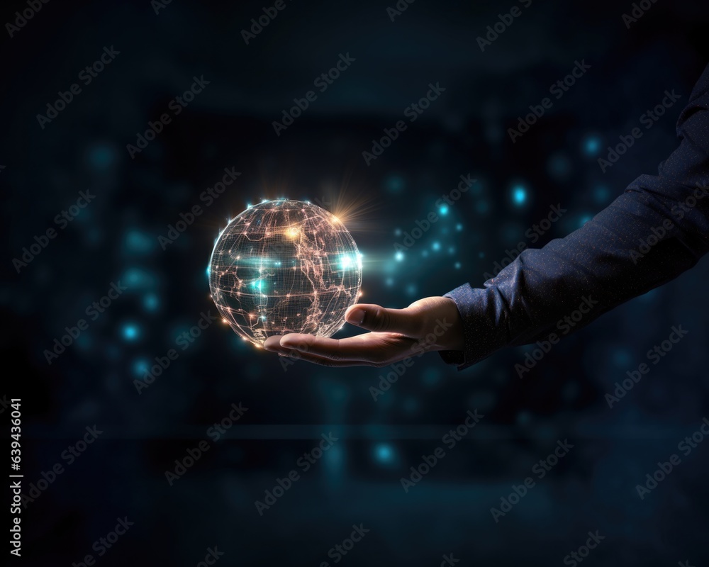 AI-like robotic hand, fingers tapping, igniting various circle-shaped ...