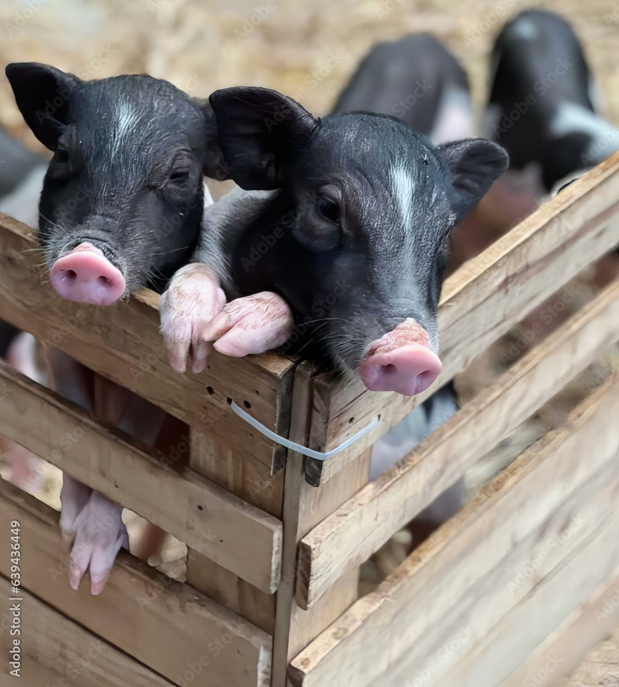 a photography of three pigs in a wooden crate with their heads sticking ...