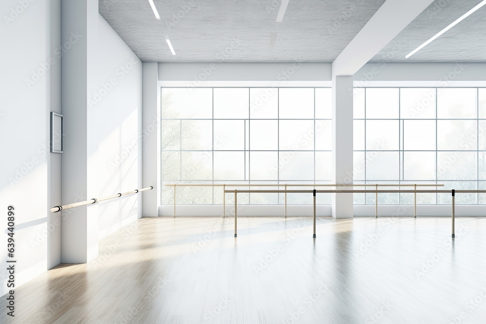 ballet barre in a white-walled studio. White walls, a light wood bar ...