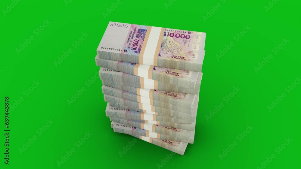 3d animation of stacks of 10000 West African cfa franc notes falling on ...