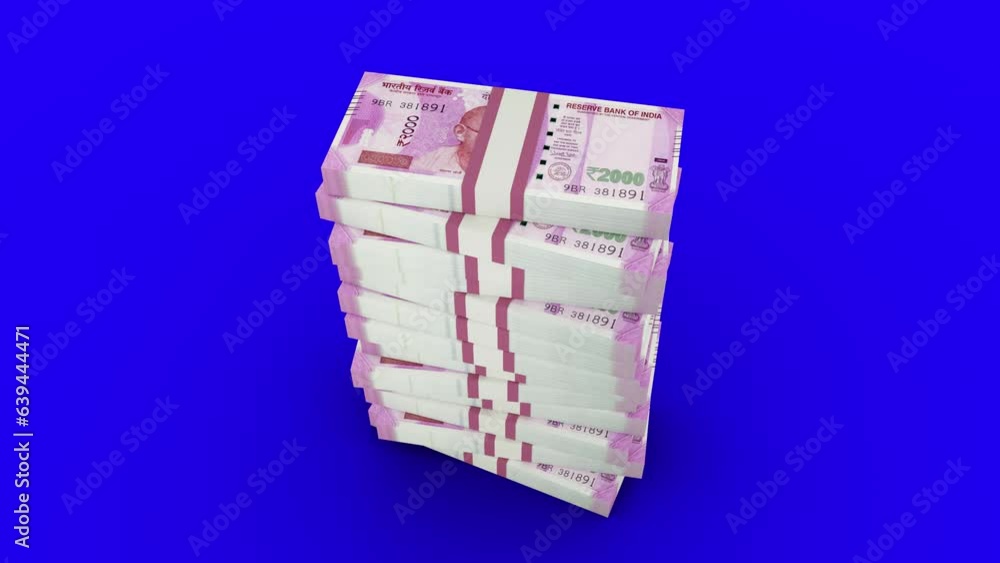 3d animation of stacks of Indian rupee notes falling on blue screen ...