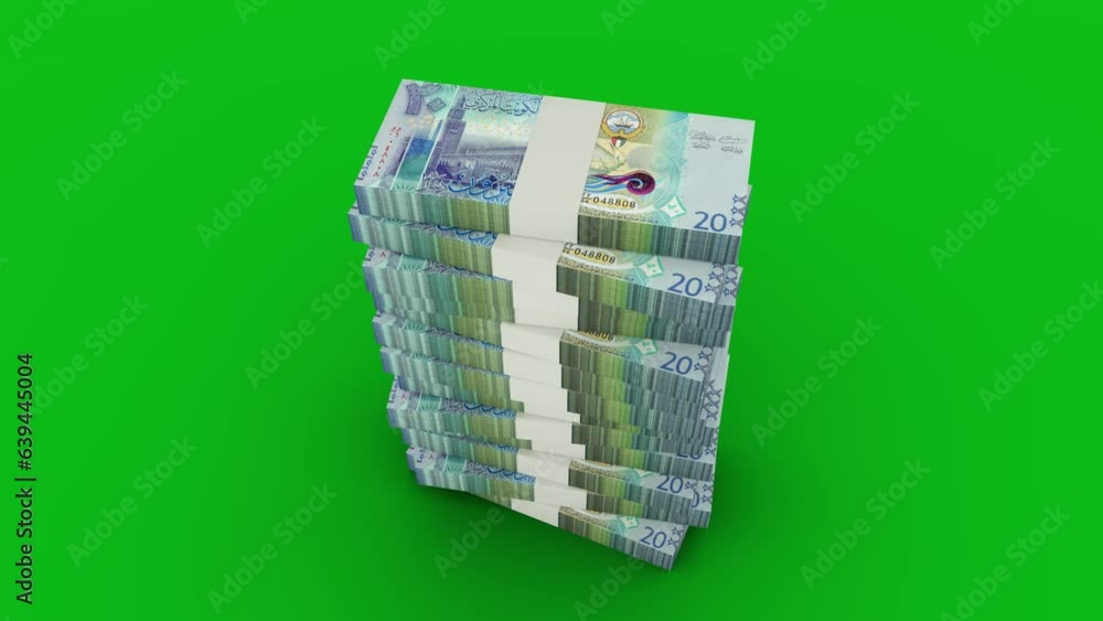 3d animation of stacks of 20 Kuwaiti dinar notes falling on greenscreen ...