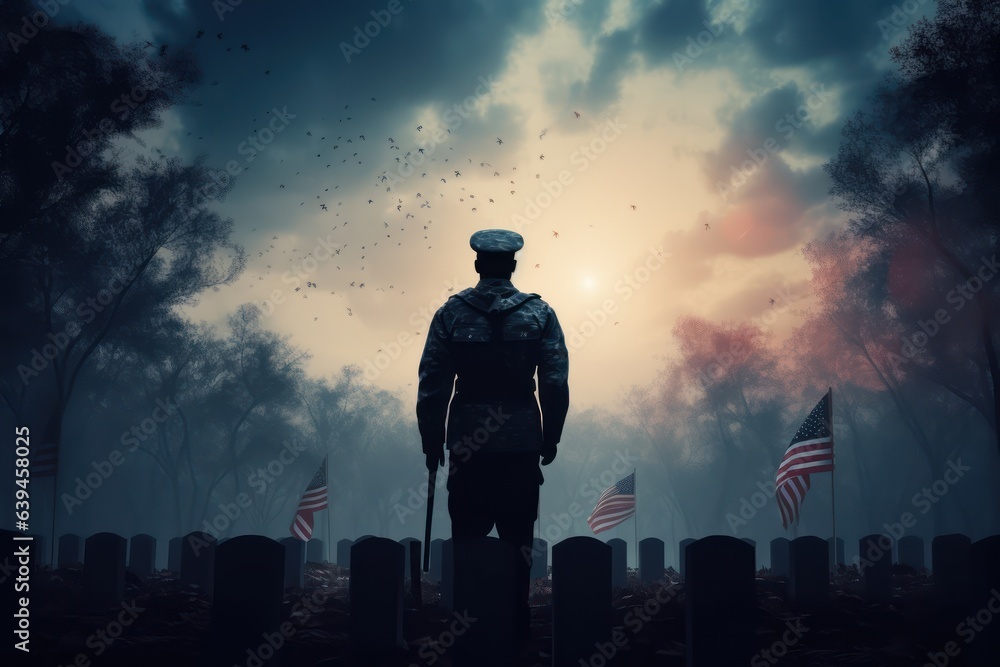 Back view of a grieving uniformed soldier in front of the graves of his ...