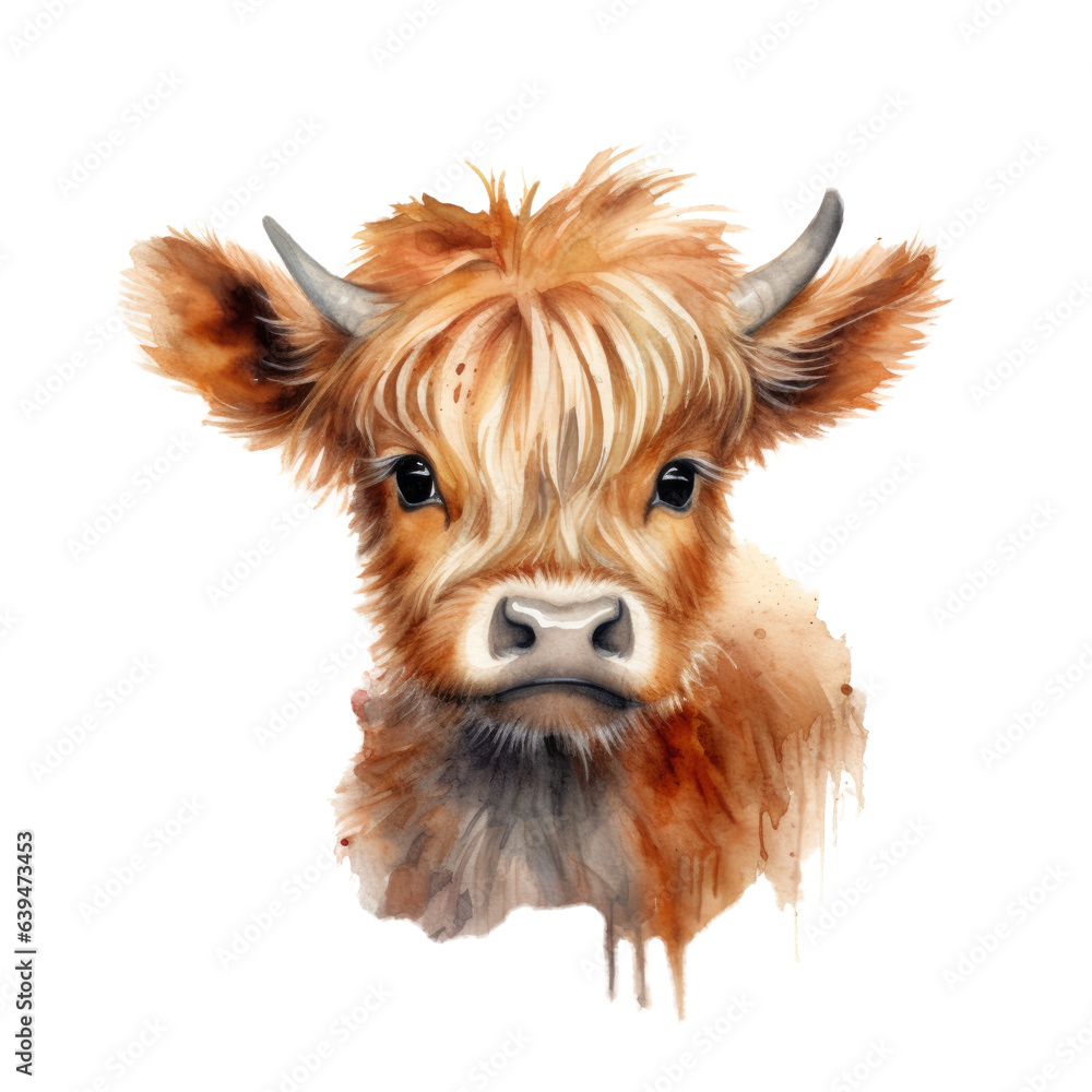 Baby highland cow portrait watercolor clipart on transparent background ...