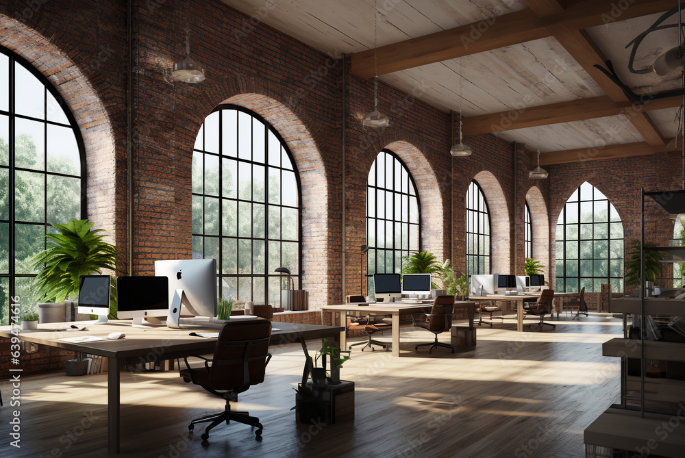 beautiful empty office architecture, stunning view, old brick office ...