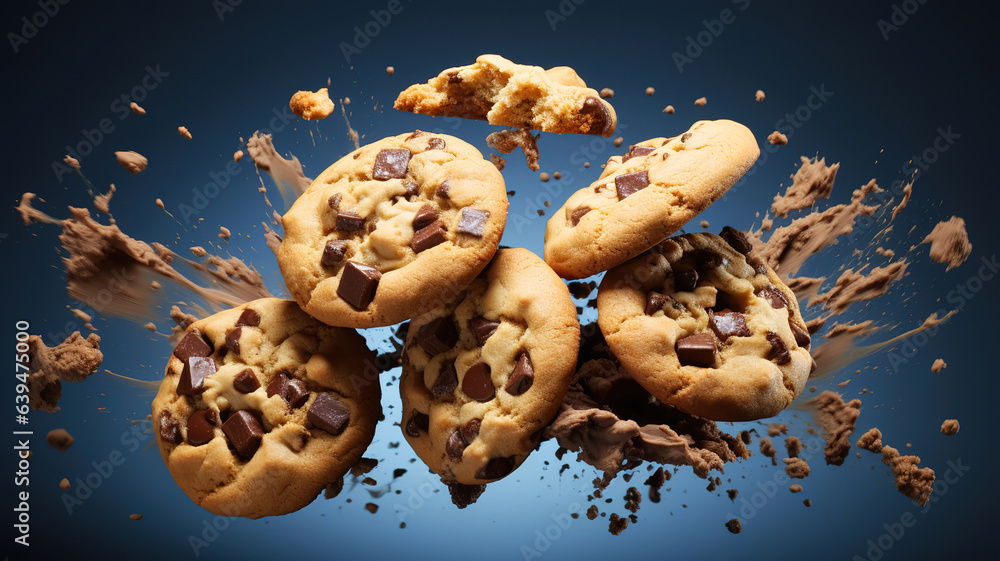 Falling broken chocolate chip cookies isolated on white background with ...