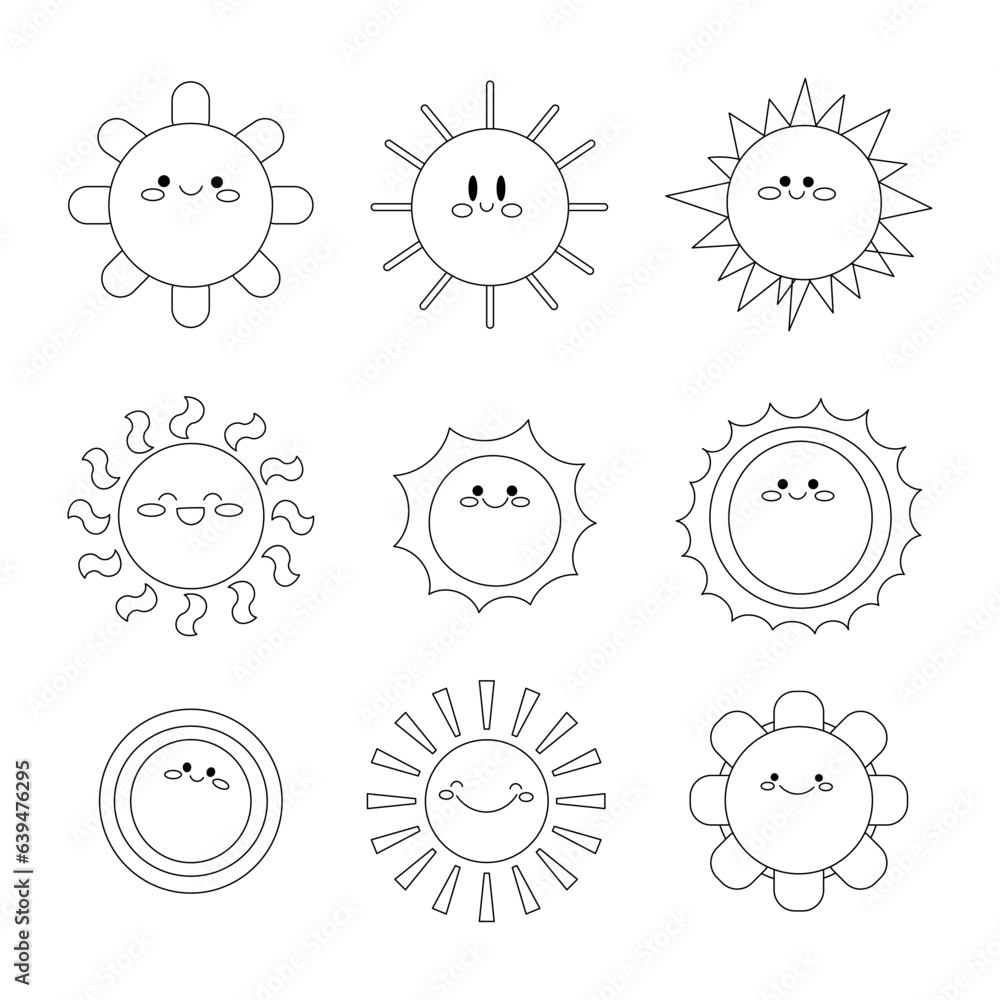 Sun smile character. Coloring Page. Happy face cartoon. Vector drawing ...