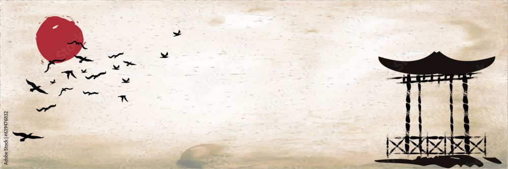 Asian banner illustration. Japanese background with asian bird. layout ...
