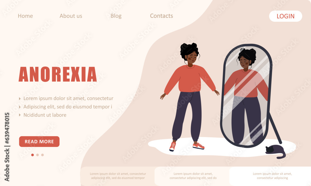 Anorexia landing page template. Slim african woman looking herself fat ...