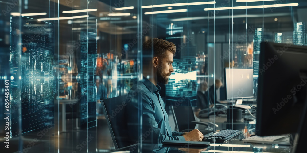 Side view of system security specialist man working at system control ...