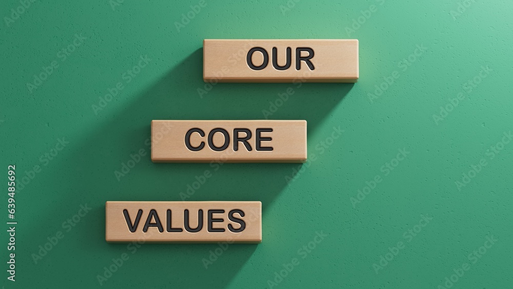 Our core values symbol. Concept words Our core values on wooden blocks ...