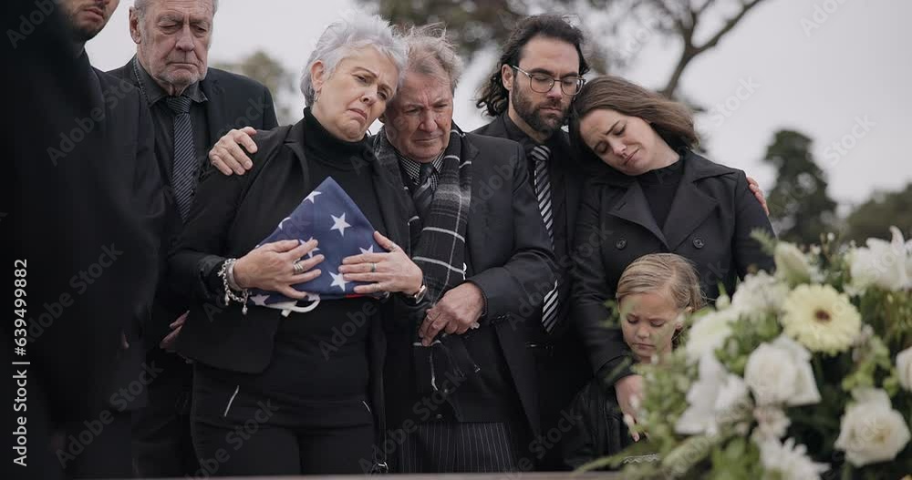 Funeral, graveyard and sad family with American flag for veteran for ...
