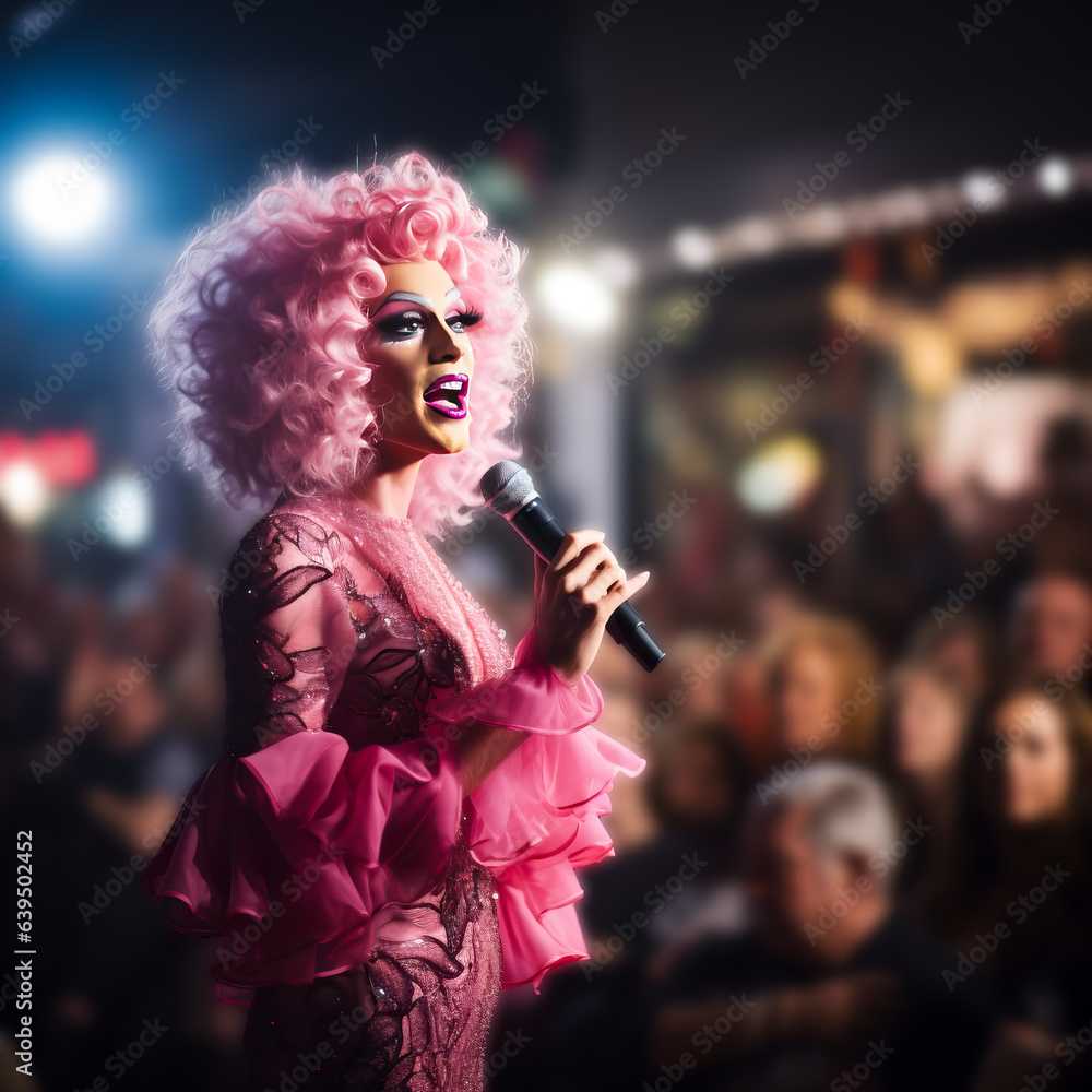 Drag Queen in a colorful dress singing to a crowd. Concept of trans or ...