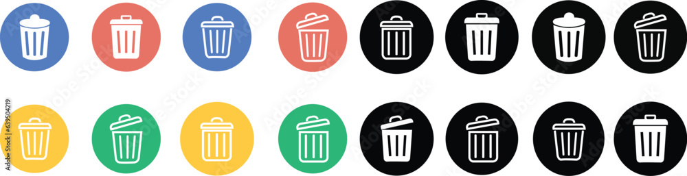 blue, orange, yellow, green and black Bin icon set. Trash can ...