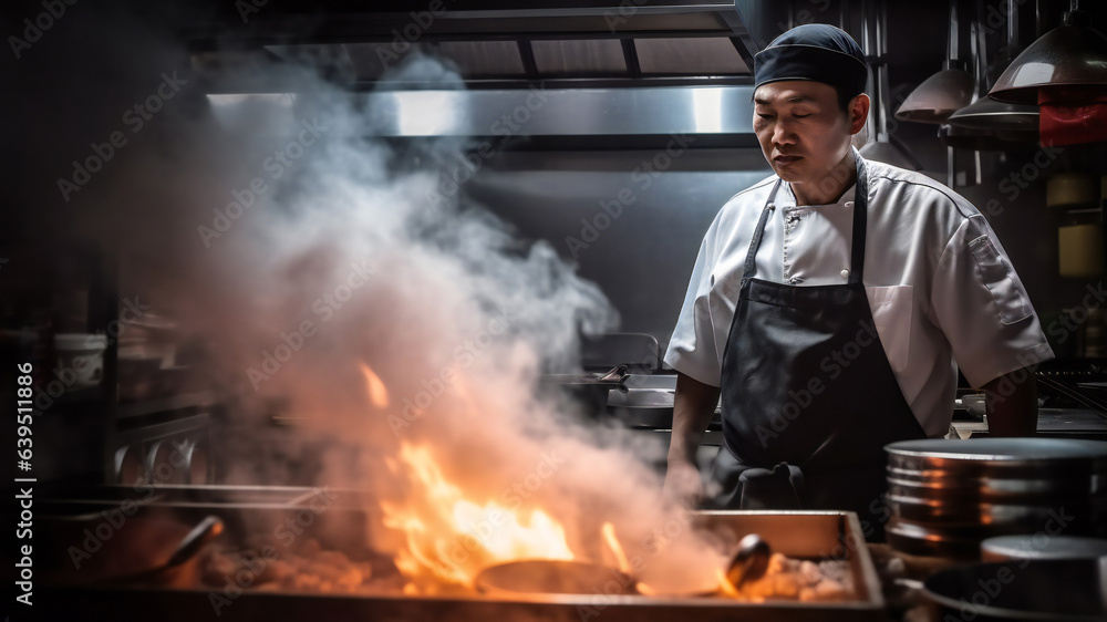 Chef in an Asian restaurant kitchen with flames and smoke on the stove ...