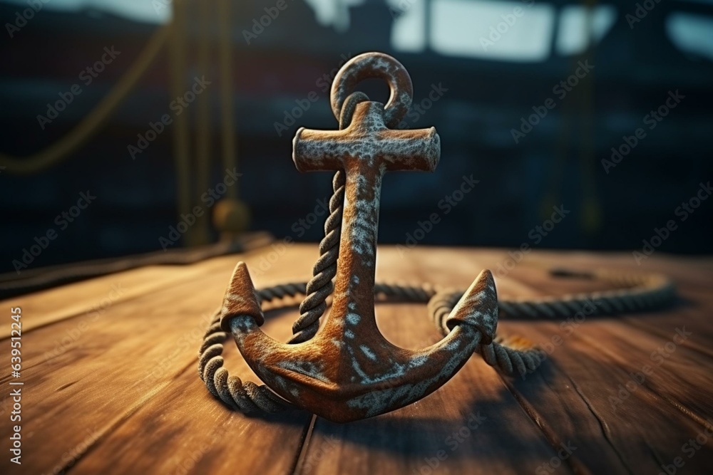 Antique maritime sea anchor and rope knot on dock, nautical vessel ...