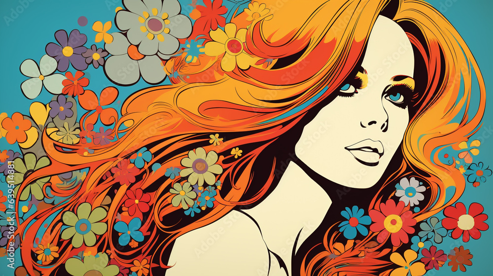 Hippie girl in pop art comic style, retro hippie woman with blonde hair ...