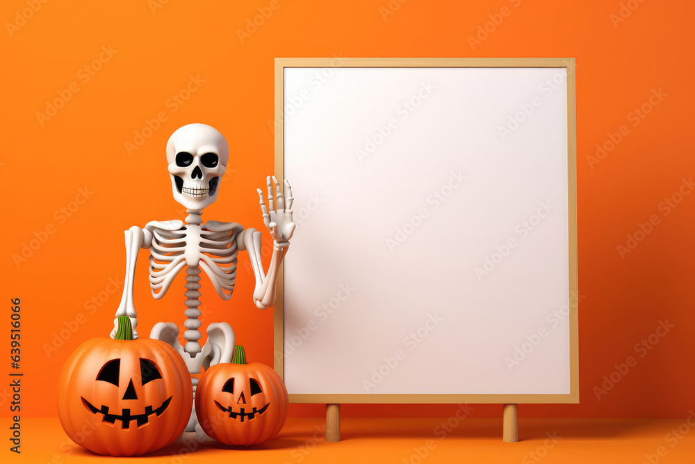 Friendly and cute skeleton figurine in a hat with a whiteboard mockup ...