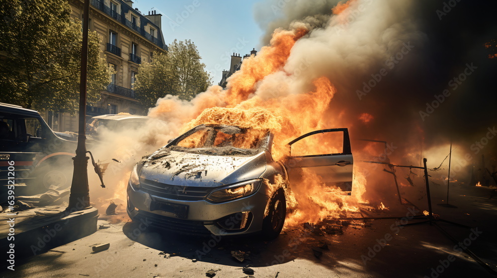 Electric car catches fire in street on sunny day. Fire hazard from ...