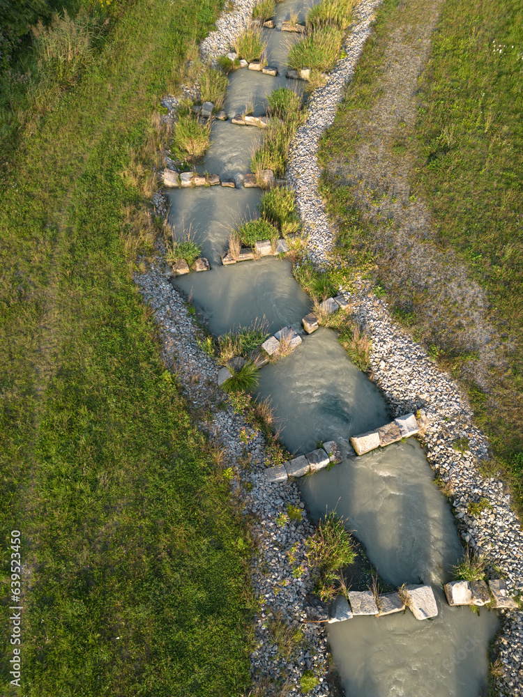 Aerial picture of a fish ladder for Inn river hydro power plant Stock ...