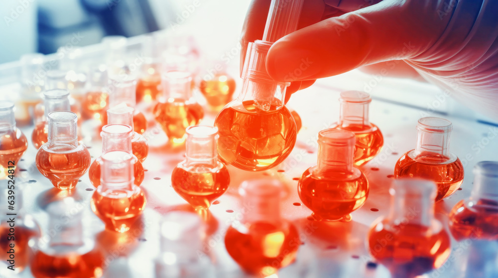 Foto de Research laboratory with Containers with liquid samples of bio ...