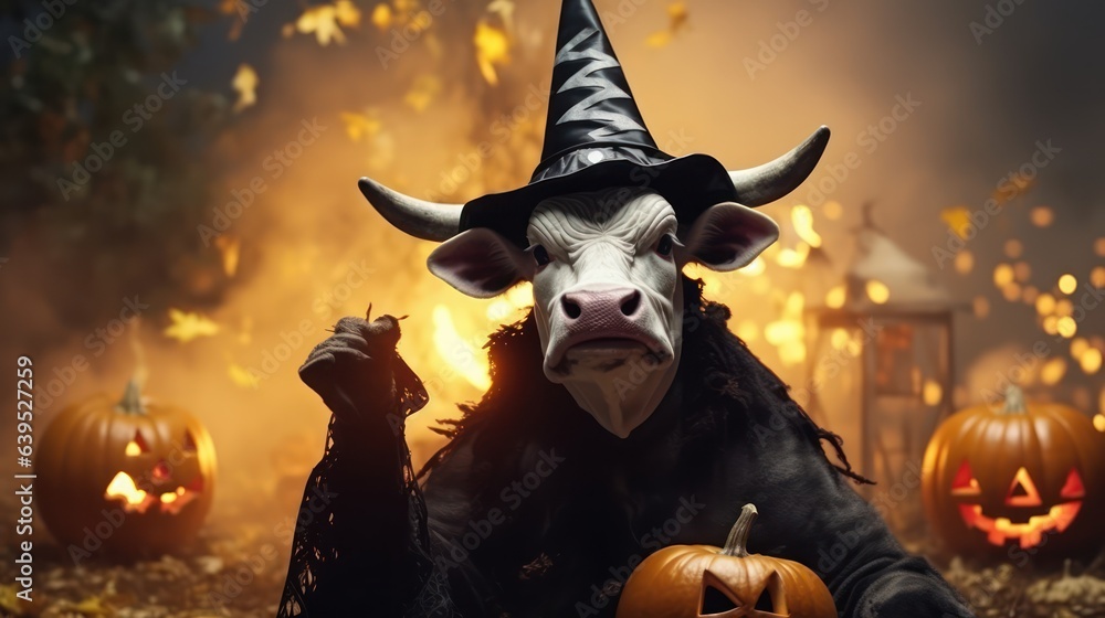 Halloween card. A Cow on a halloween background. a cow in haloween ...