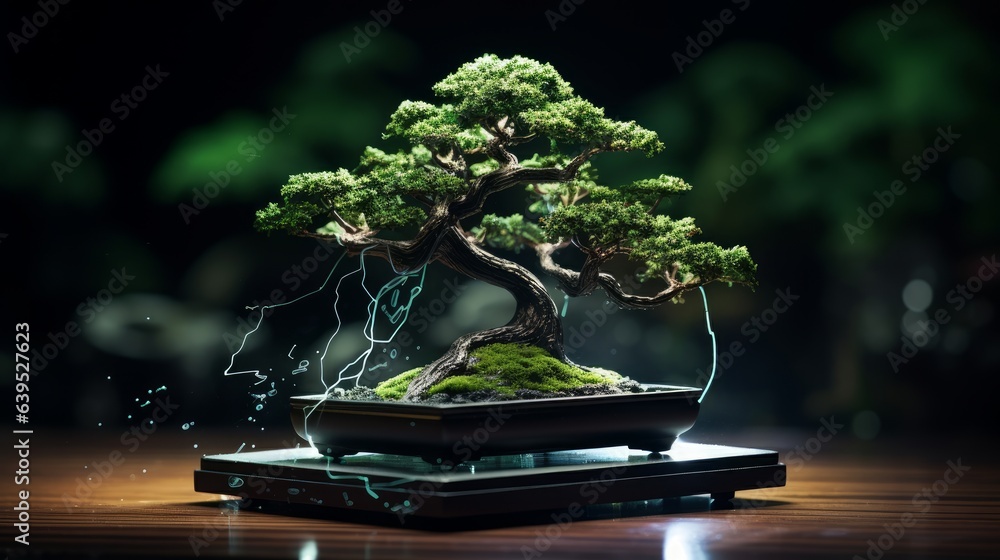 Cultivated through code, digital bonsai trees thrive in tranquil gardens, embodying the elegance ...