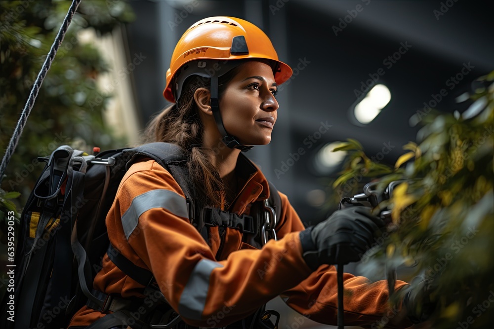 graceful arborist, skillfully ascending a rope to prune and cut for big ...