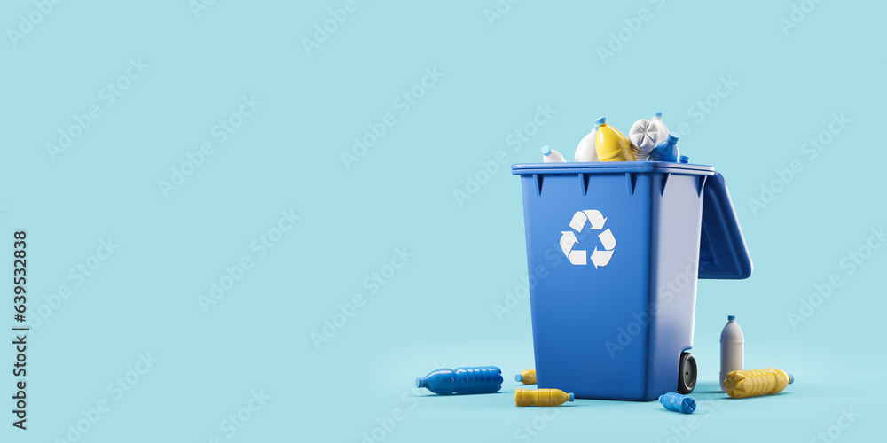 Blue trash container with plastic bottles, empty blue background Stock ...