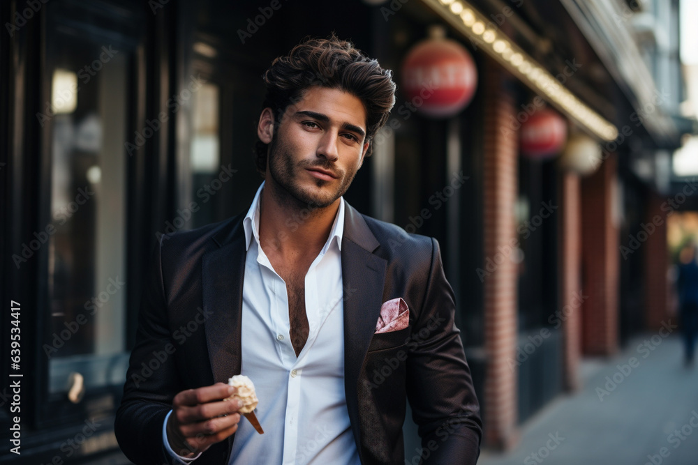 Handsome man indulging in the pure delight of an ice cream cone. His ...