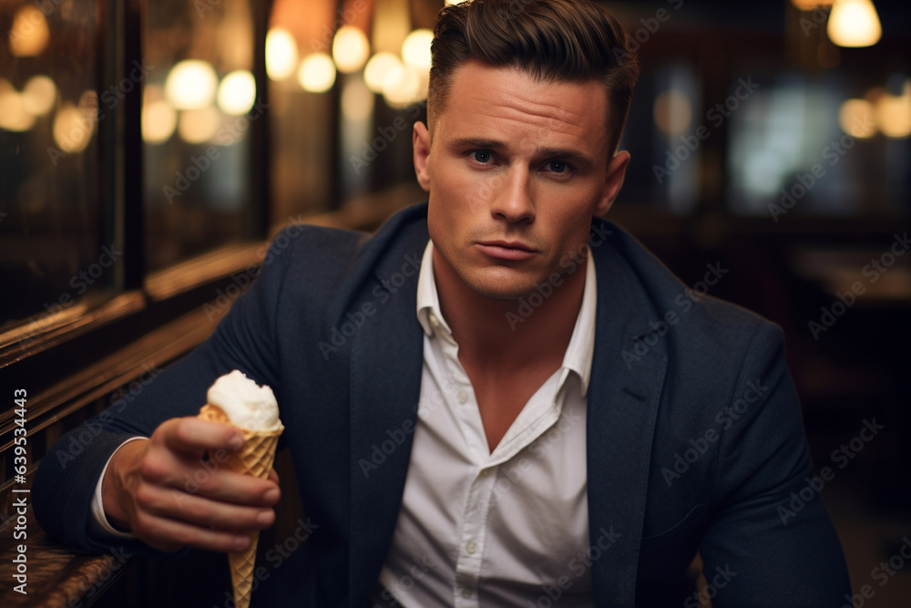 Handsome man indulging in the pure delight of an ice cream cone. His ...