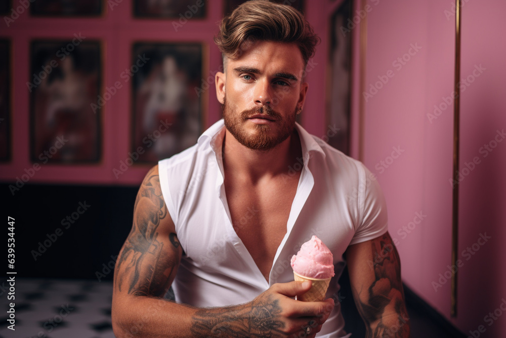 Handsome man indulging in the pure delight of an ice cream cone. His ...