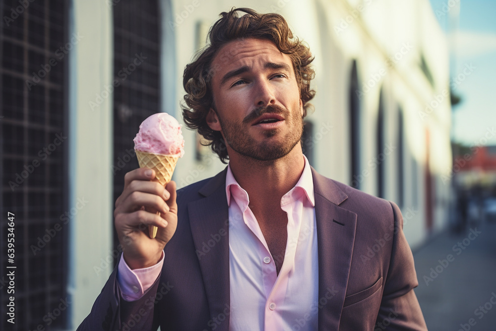 Handsome man indulging in the pure delight of an ice cream cone. His ...