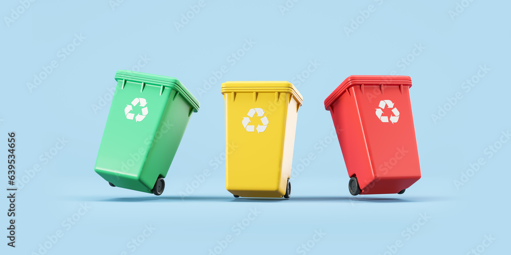 Colorful bins for different types of garbage, blue background Stock ...