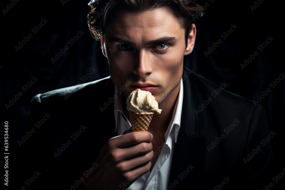 Handsome man indulging in the pure delight of an ice cream cone. His ...