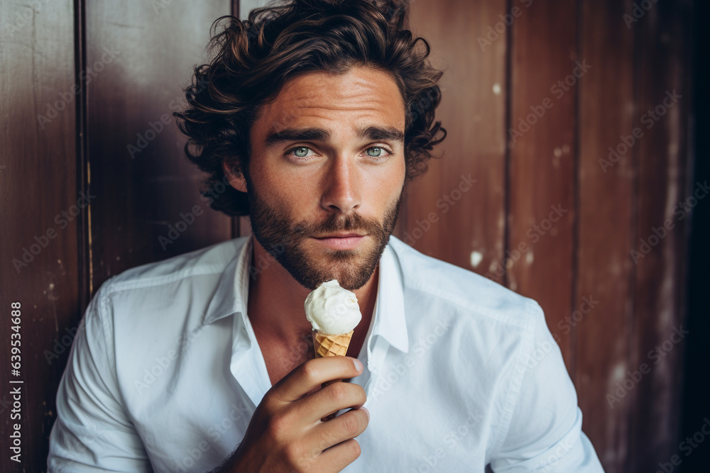 Handsome man indulging in the pure delight of an ice cream cone. His ...