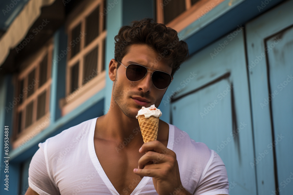 Handsome man indulging in the pure delight of an ice cream cone. His ...