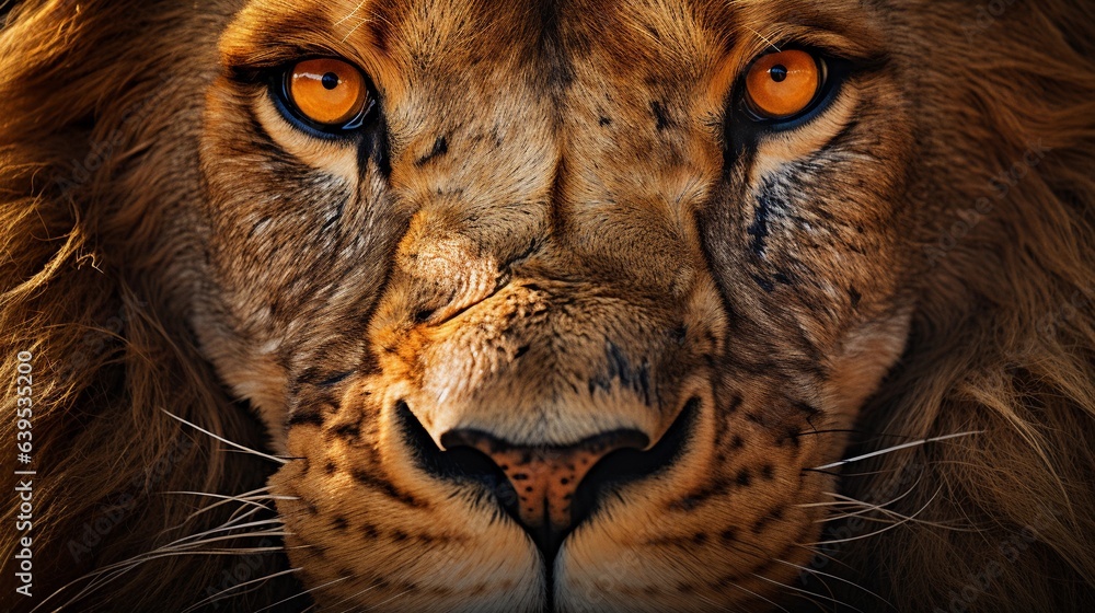 A close-up of a lion's face, capturing its intricate details and ...