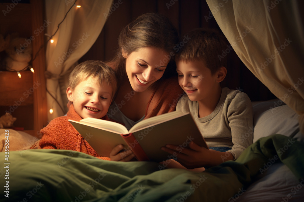 Sceme capturing a heartwarming scene of a loving mom reading enchanting ...