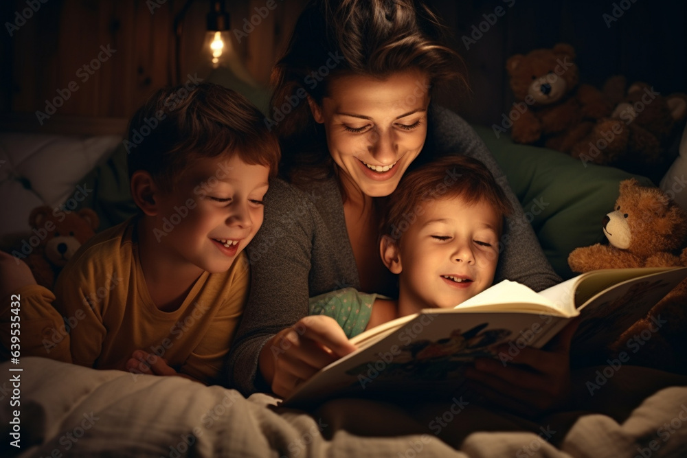 Sceme capturing a heartwarming scene of a loving mom reading enchanting ...