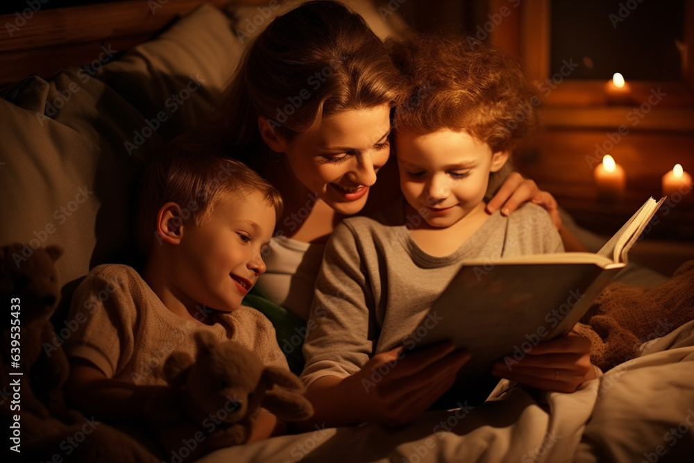 Sceme capturing a heartwarming scene of a loving mom reading enchanting ...